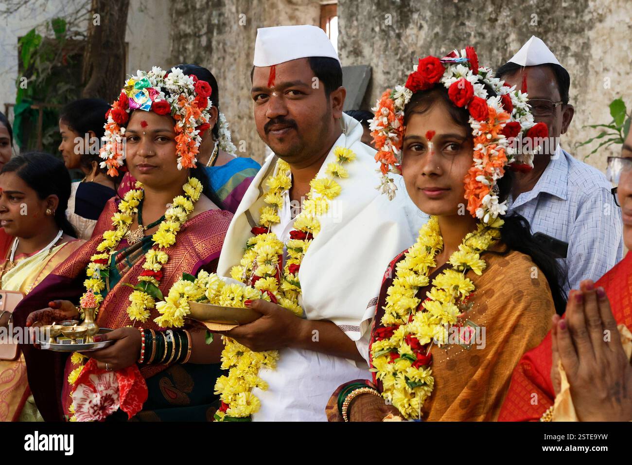 Bride and groom at a wedding ceremony in Viayapura (Bijapur), Karnataka ...