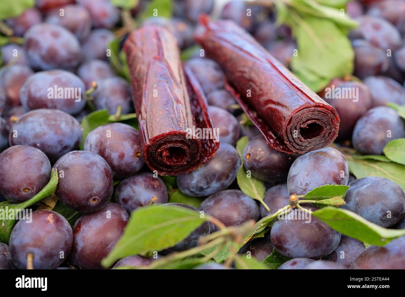 Plum pastille in a roll on plums background. Copy space. Shallow depth ...