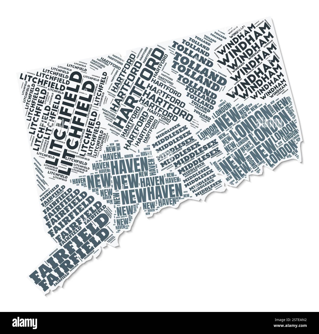 Connecticut shape text cloud. State border with shadow on white ...
