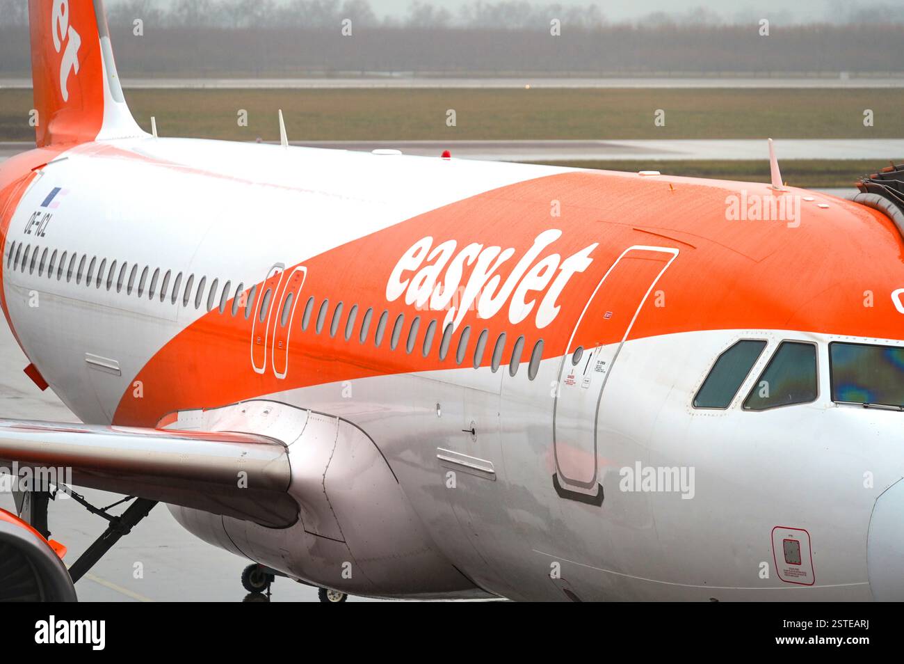 BERLIN - JAN 09: Close-up of an Airplane with EasyJet livery on surface ...