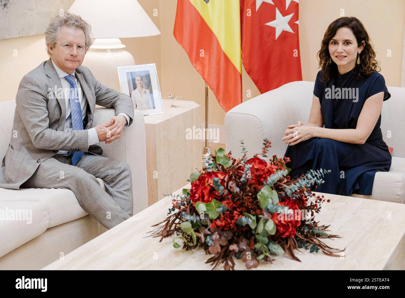 The president of the Community of Madrid, Isabel Díaz Ayuso, holds a ...