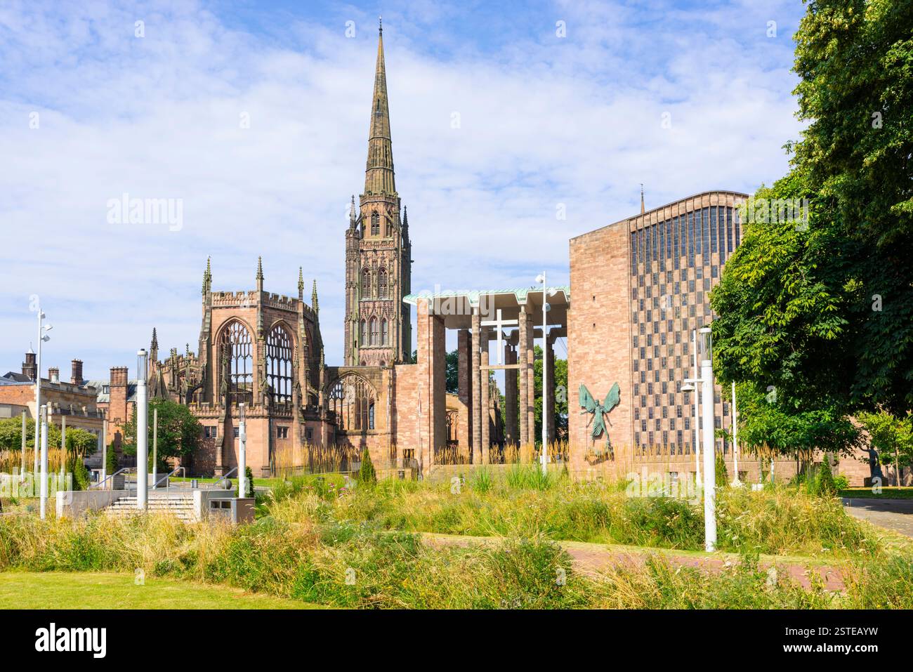 Coventry old cathedral ruins shell and new modern cathedral Coventry West midlands England UK GB ...
