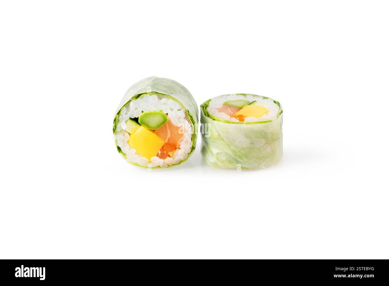 Image of two pieces of sushi styled as spring rolls, filled with white ...