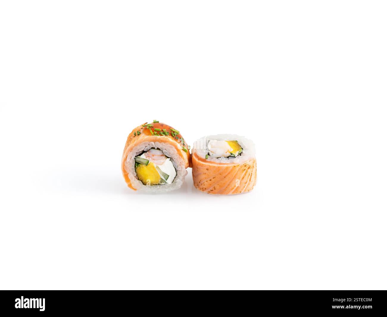 Two sushi rolls beautifully presented on a white background Wrapped in ...