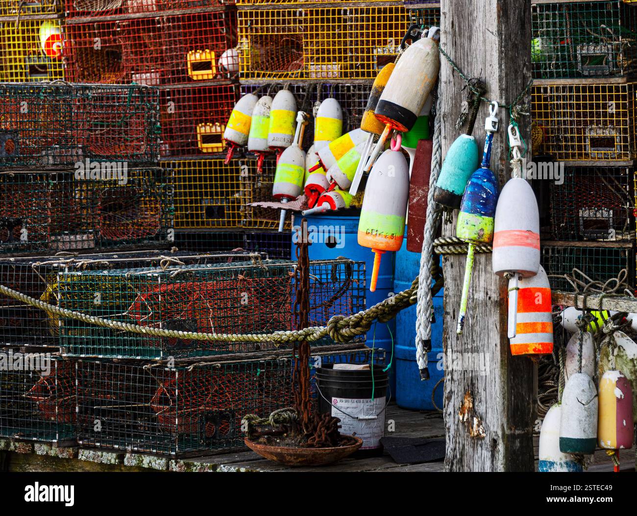 Rustic lobster traps on dock, Friendship, Maine, USA Stock Photo - Alamy