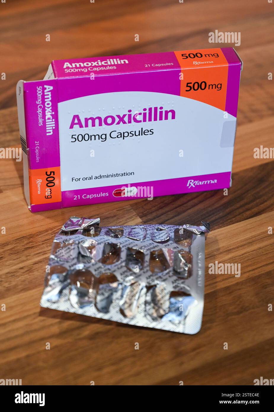 Packet of Amoxicillin antibiotic 500 mg capsules tablets and blister ...