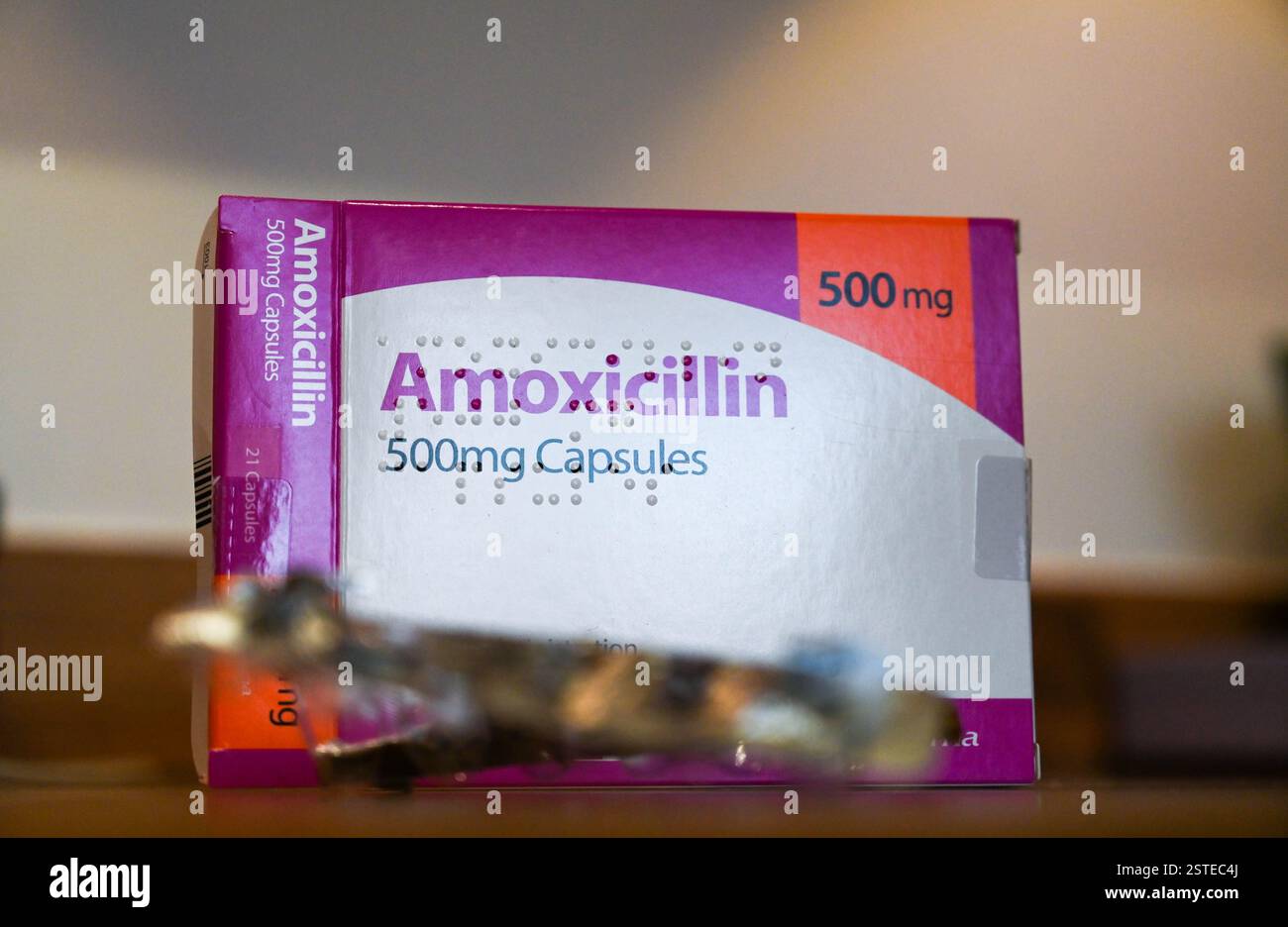 Packet of Amoxicillin antibiotic 500 mg capsules tablets and blister ...