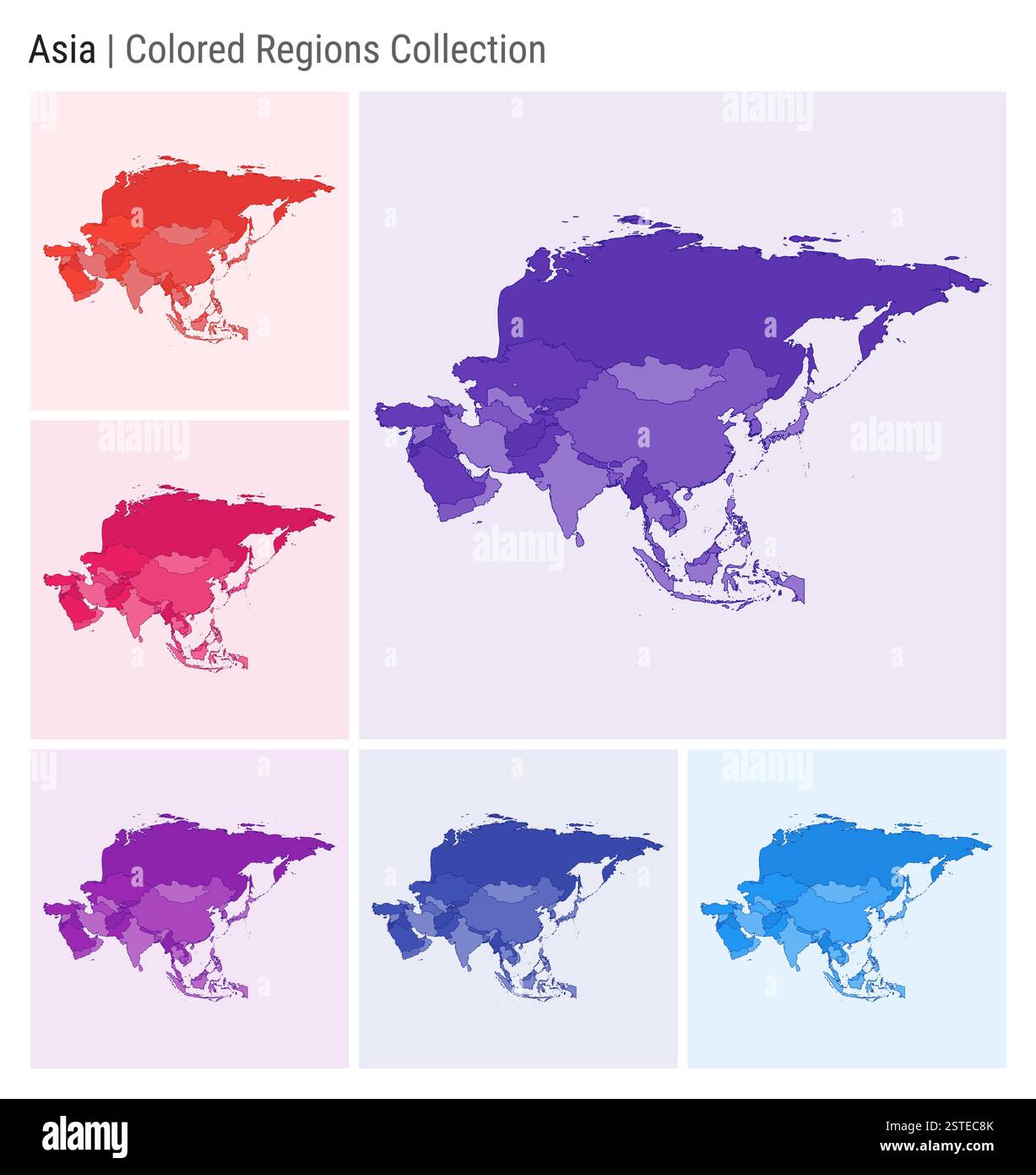 Asia. Map collection. Continent shape. Colored countries. Deep Purple ...