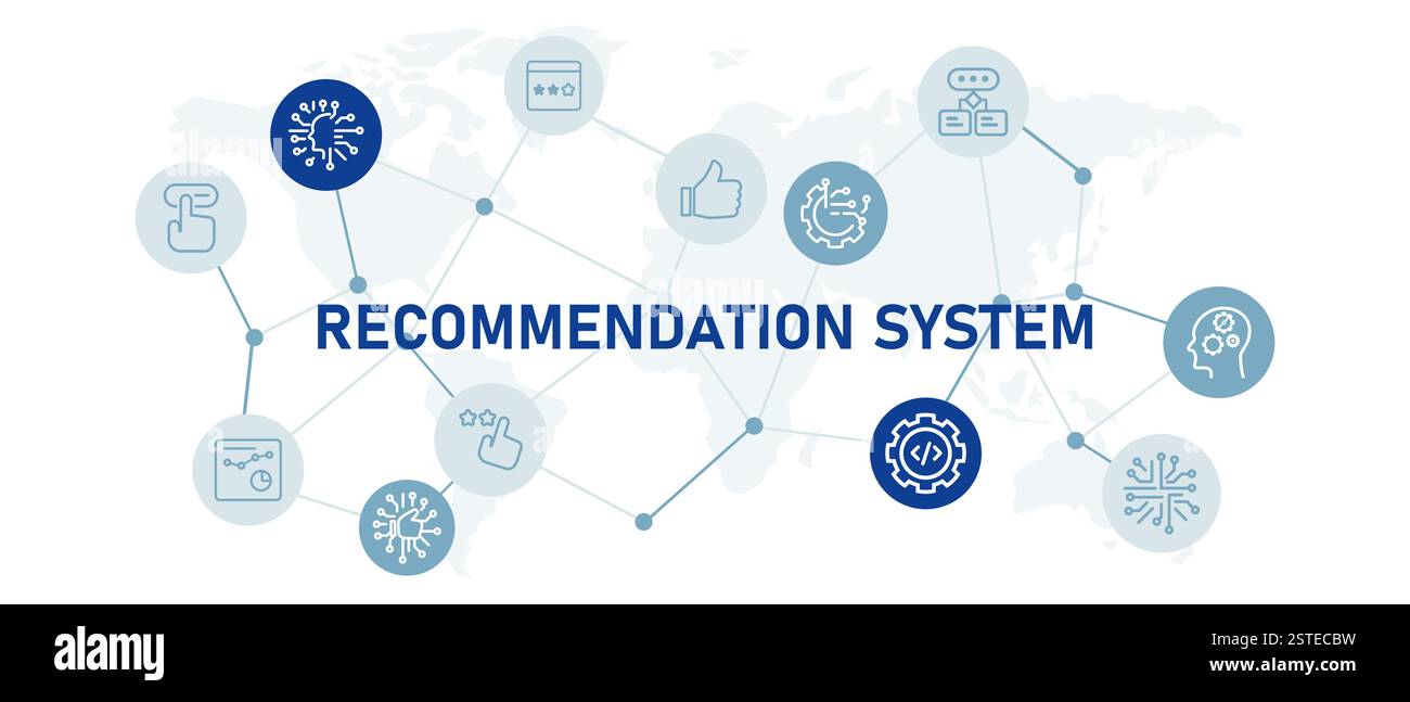 Recommendation system icon set with illustration machine engine review ...