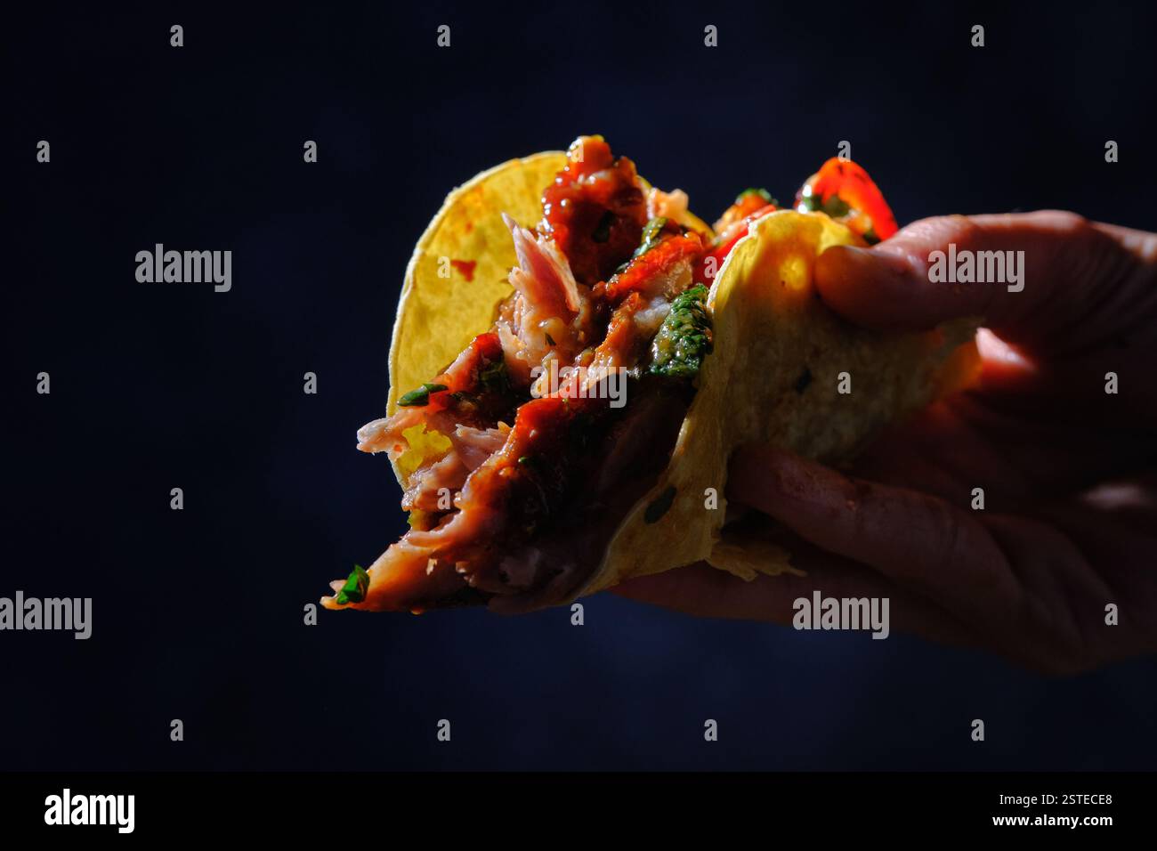 A cropped unrecognizable woman's hand gripping a savory rib taco ...