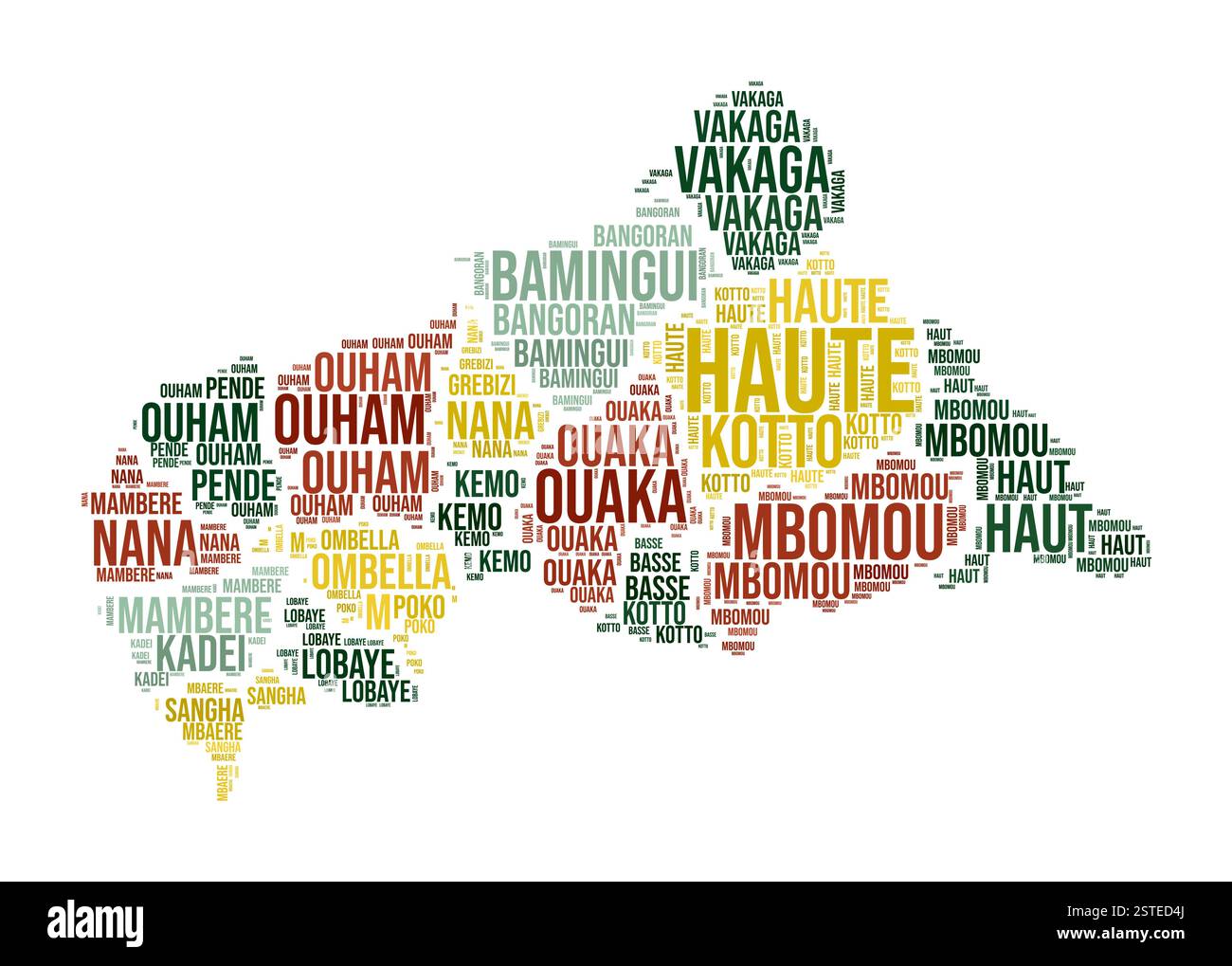 Central African Republic Word Cloud. Country shape with region division ...