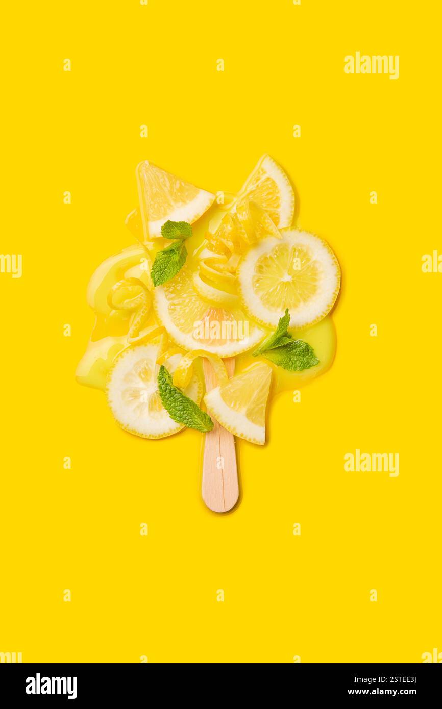 Artistic representation of a lemon-flavored popsicle adorned with fresh ...