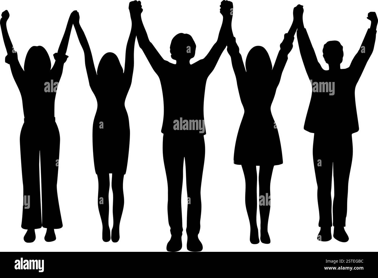 Silhouette of a group of people with raised arms, holding hands in ...