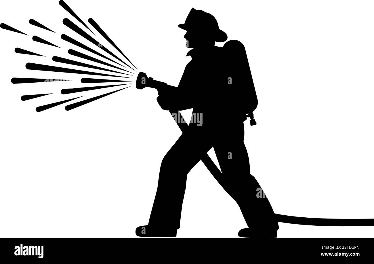 Silhouette of firefighter spraying water with hose vector illustration ...