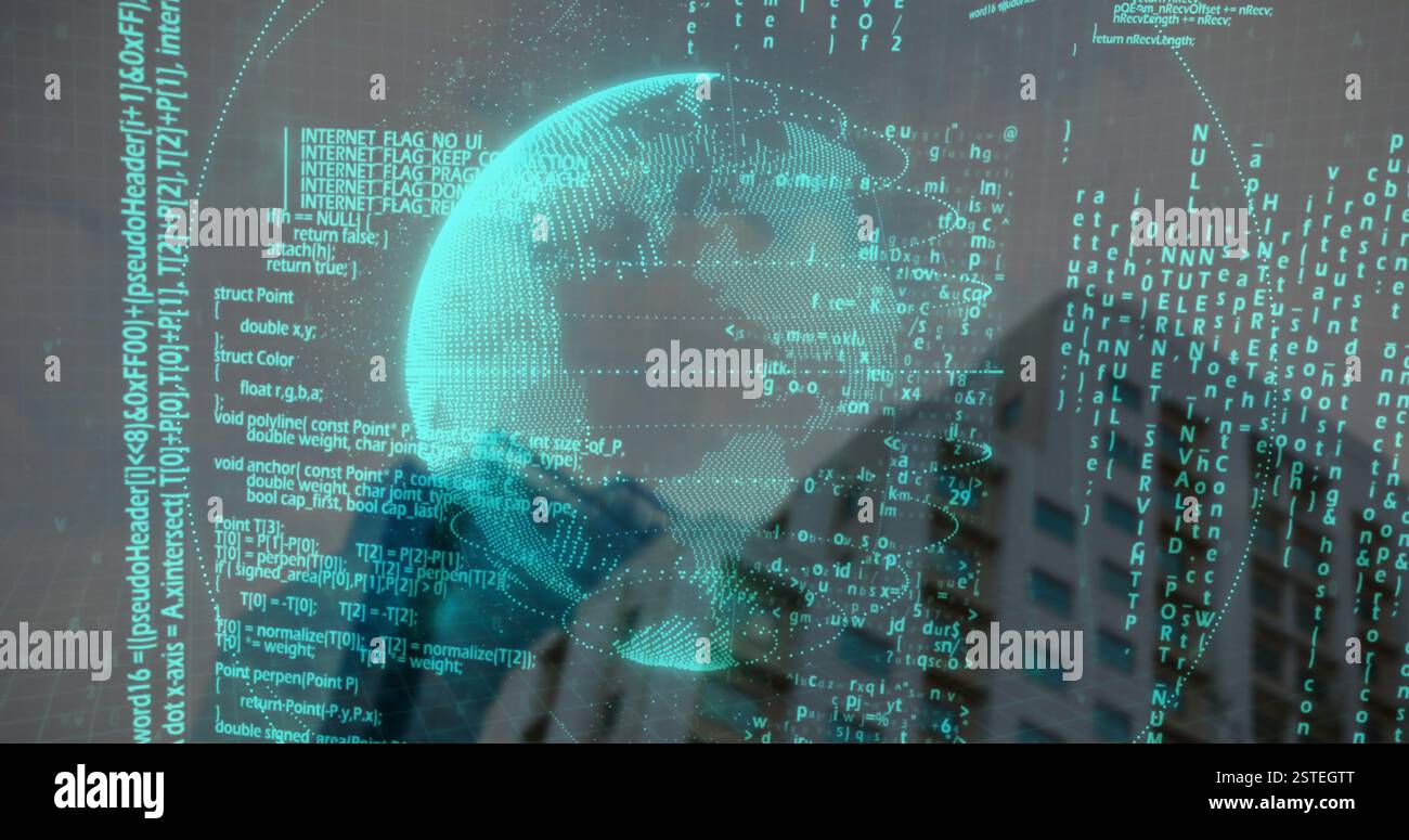 Digital globe and binary code image over cityscape background Stock ...