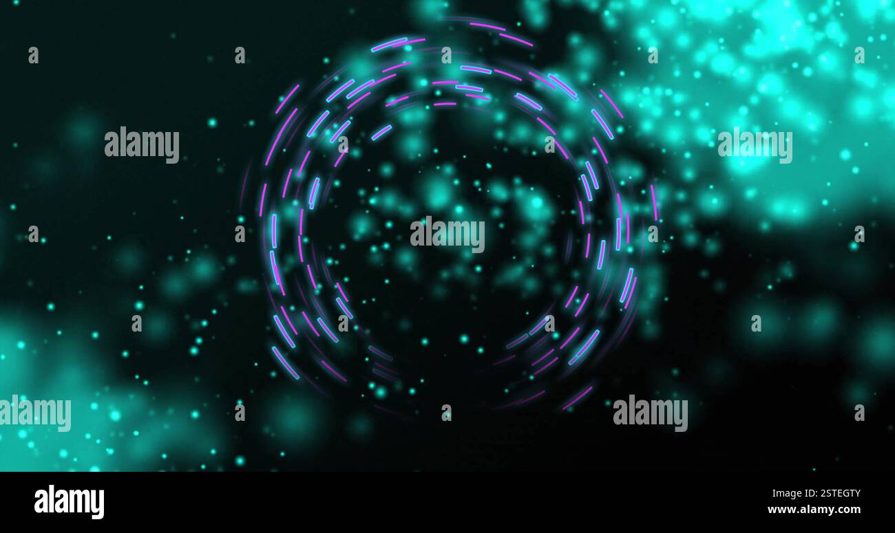 Glowing circular image with blue and purple particles on dark ...