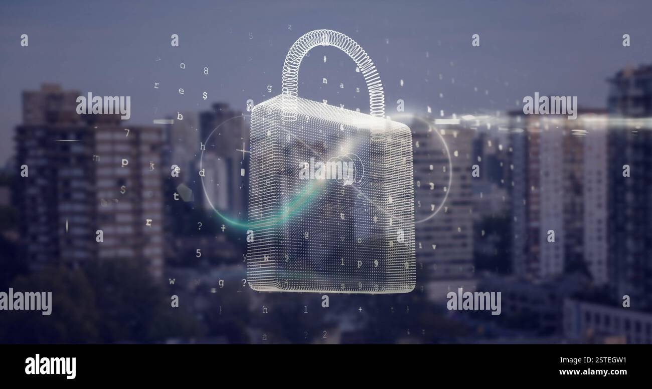 Digital padlock and binary code image over cityscape background Stock ...