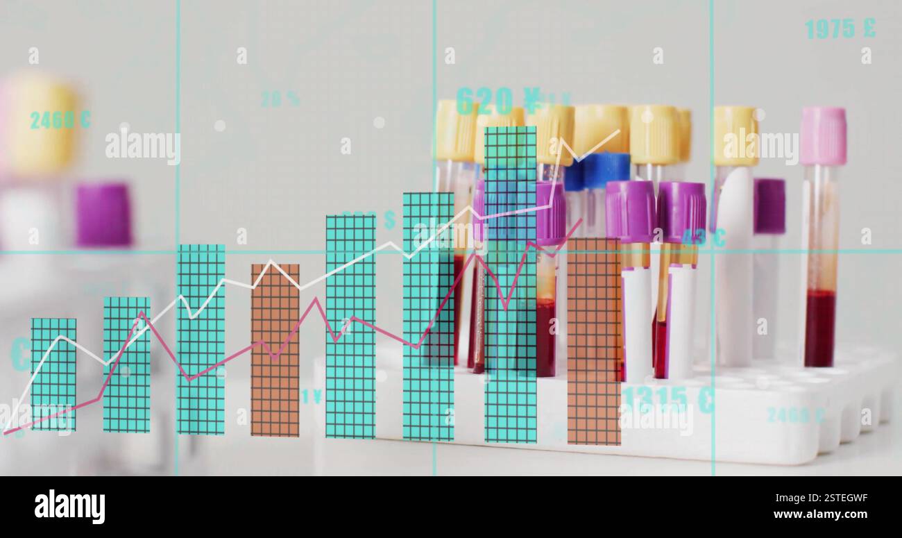 Financial data chart image over laboratory test tubes with blood ...