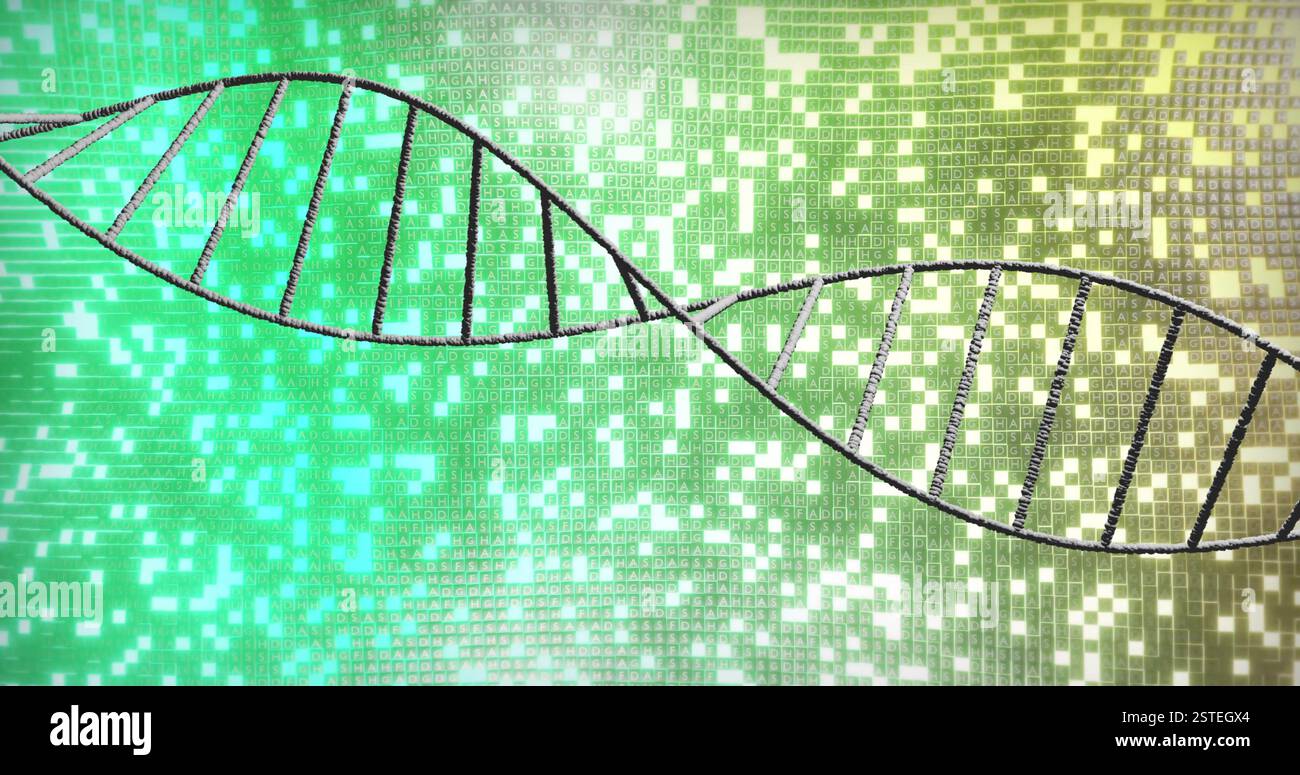 DNA strand over digital pixelated background, scientific data ...