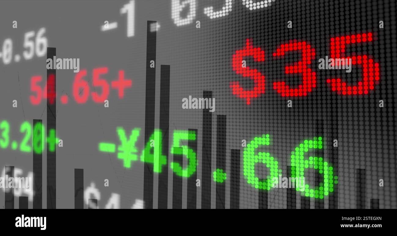 Stock market data image with bar graphs and numerical values in red and ...