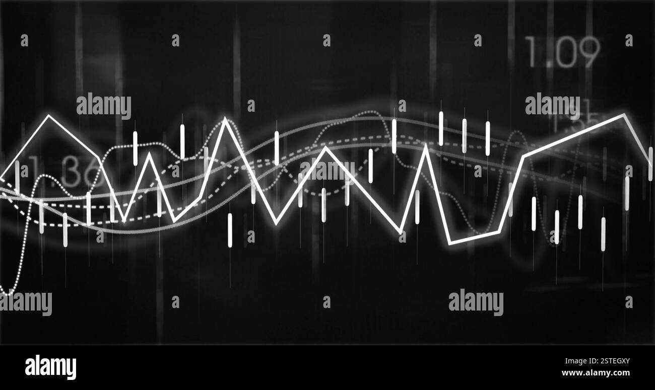 Waveform and numerical data image over black background. Technology, innovation, digital ...