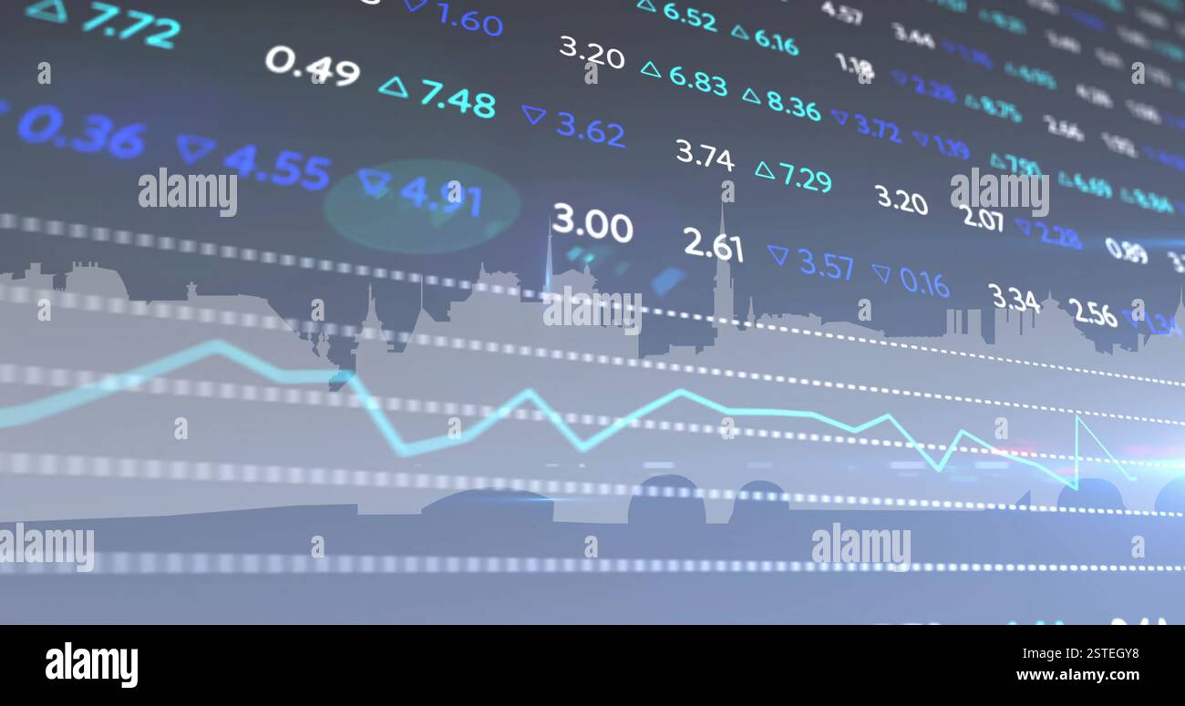 Stock market data image over city skyline silhouette Stock Photo - Alamy