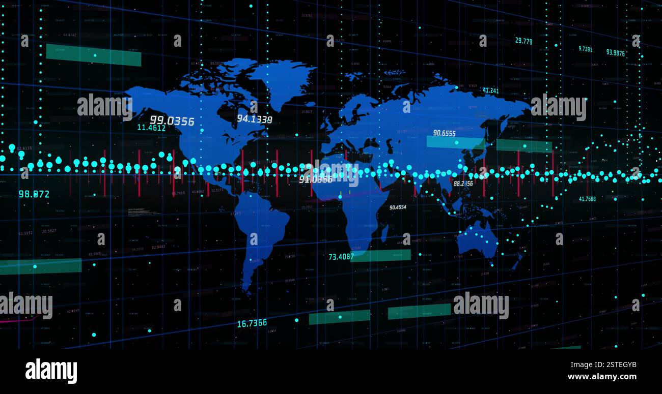 Global financial data and stock market trends image over world map Stock Photo - Alamy