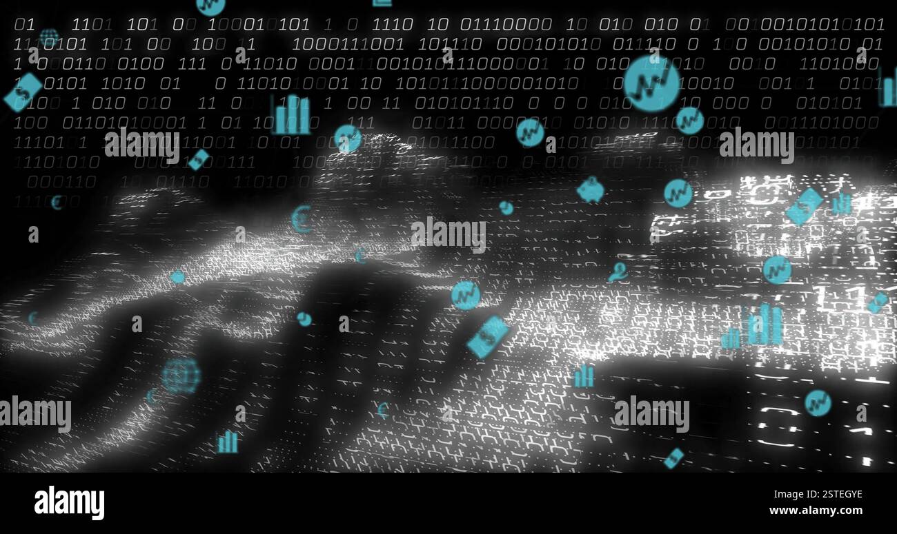 Binary code and data analytics icons over digital landscape image Stock Photo - Alamy