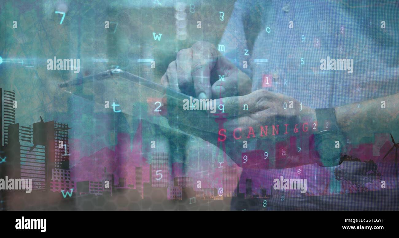 Typing on tablet, person with letters and numbers image over cityscape ...