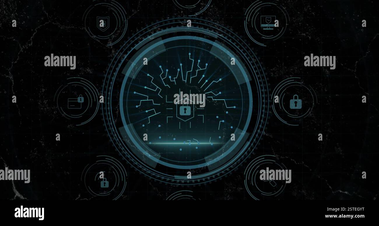 Digital security interface with circuit board image over dark ...