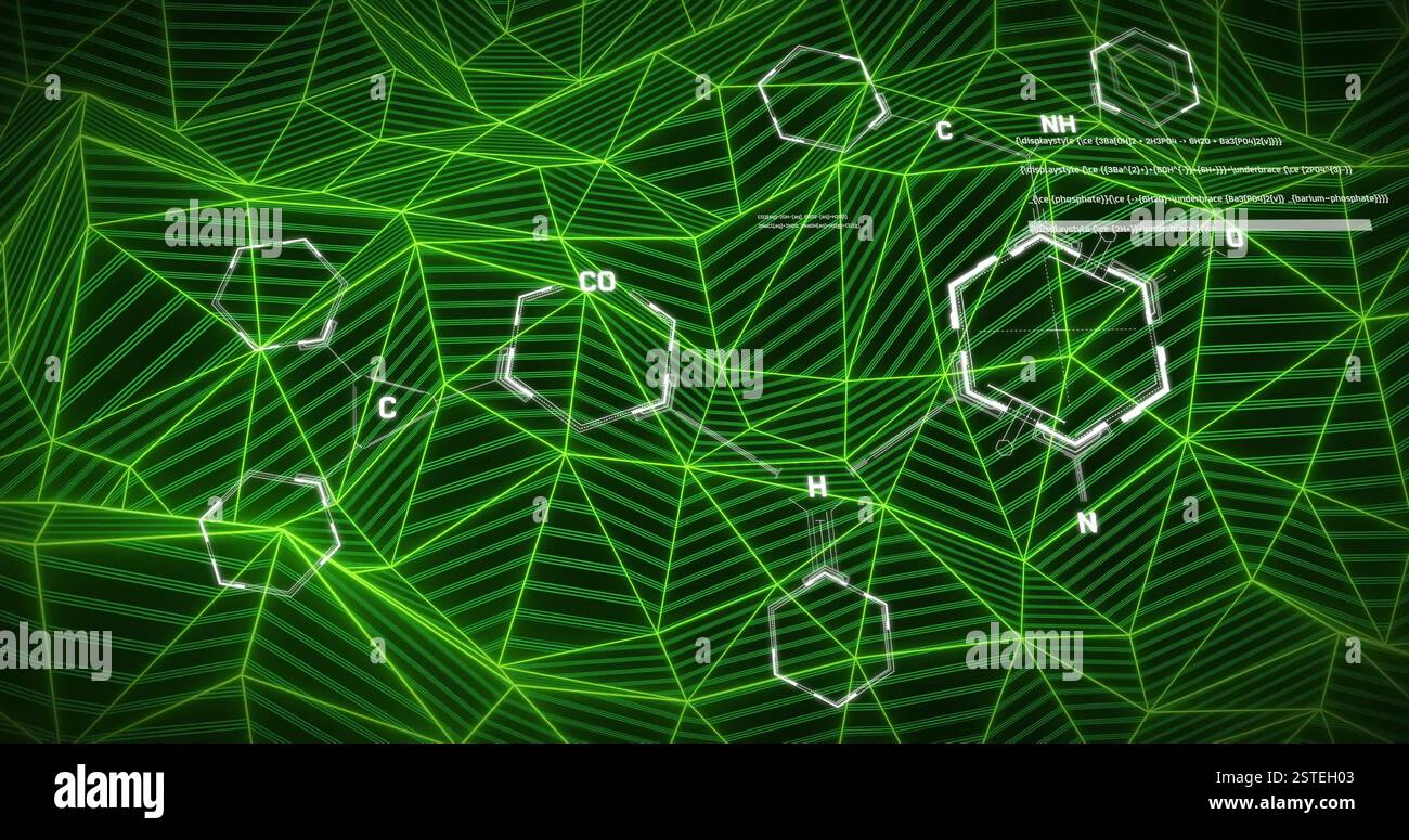 Chemical structures and molecular bonds image over green geometric grid background. Chemistry ...