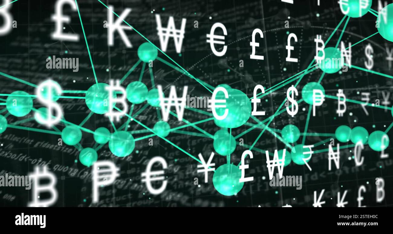 Currency symbols and network connections image over financial data ...