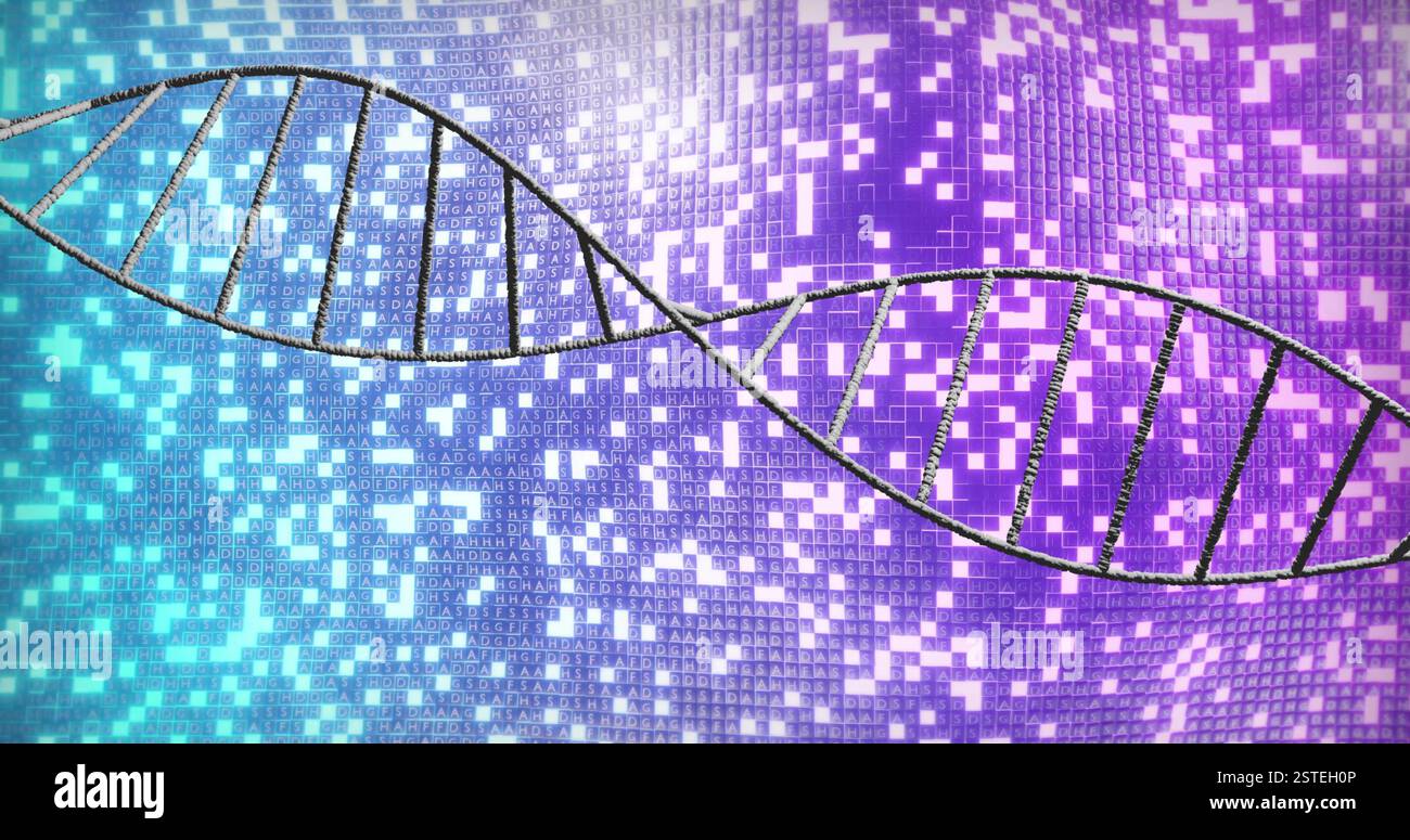 DNA strand over digital pixelated background, scientific data ...