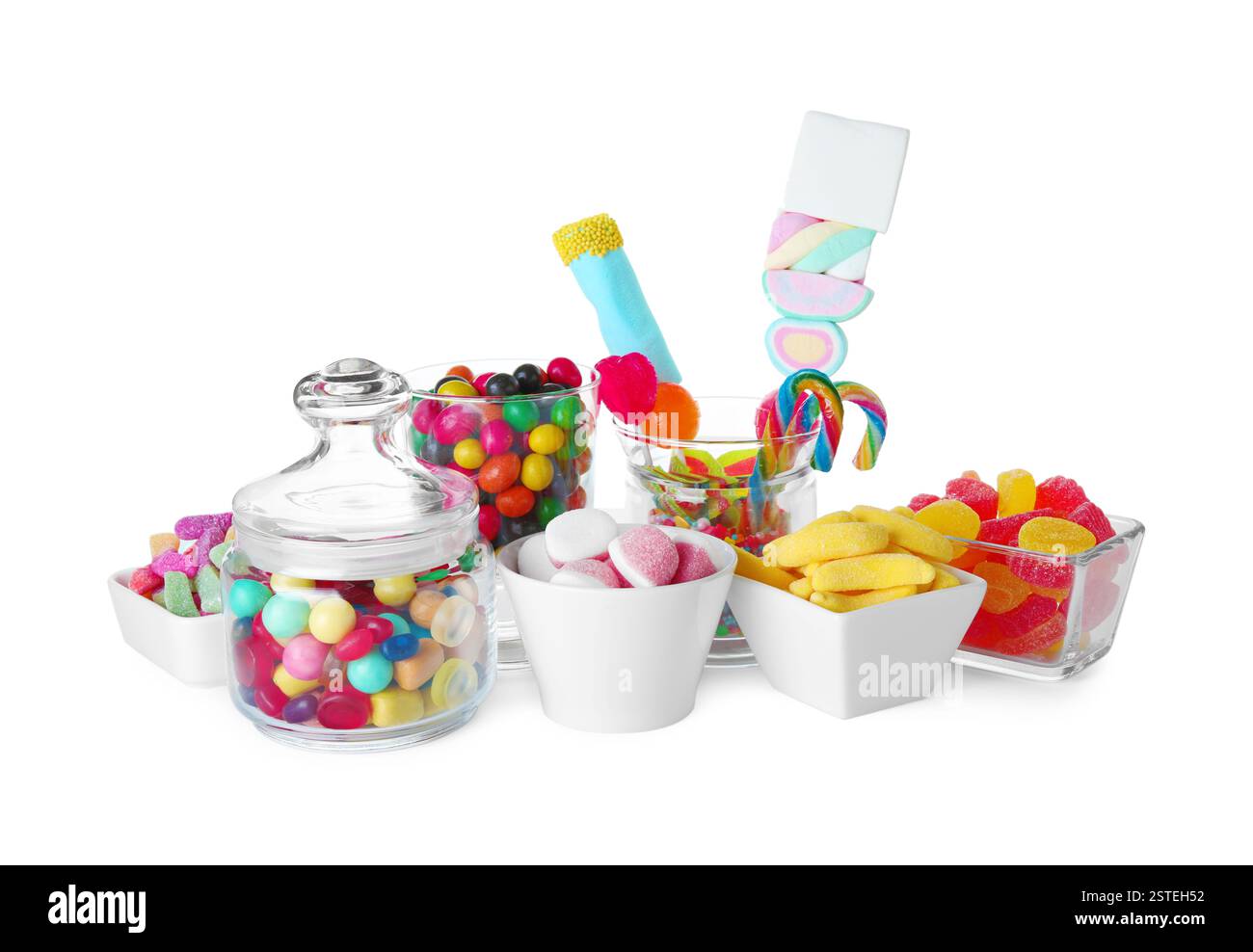 Candy bar. Many different tasty sweets on white background Stock Photo ...