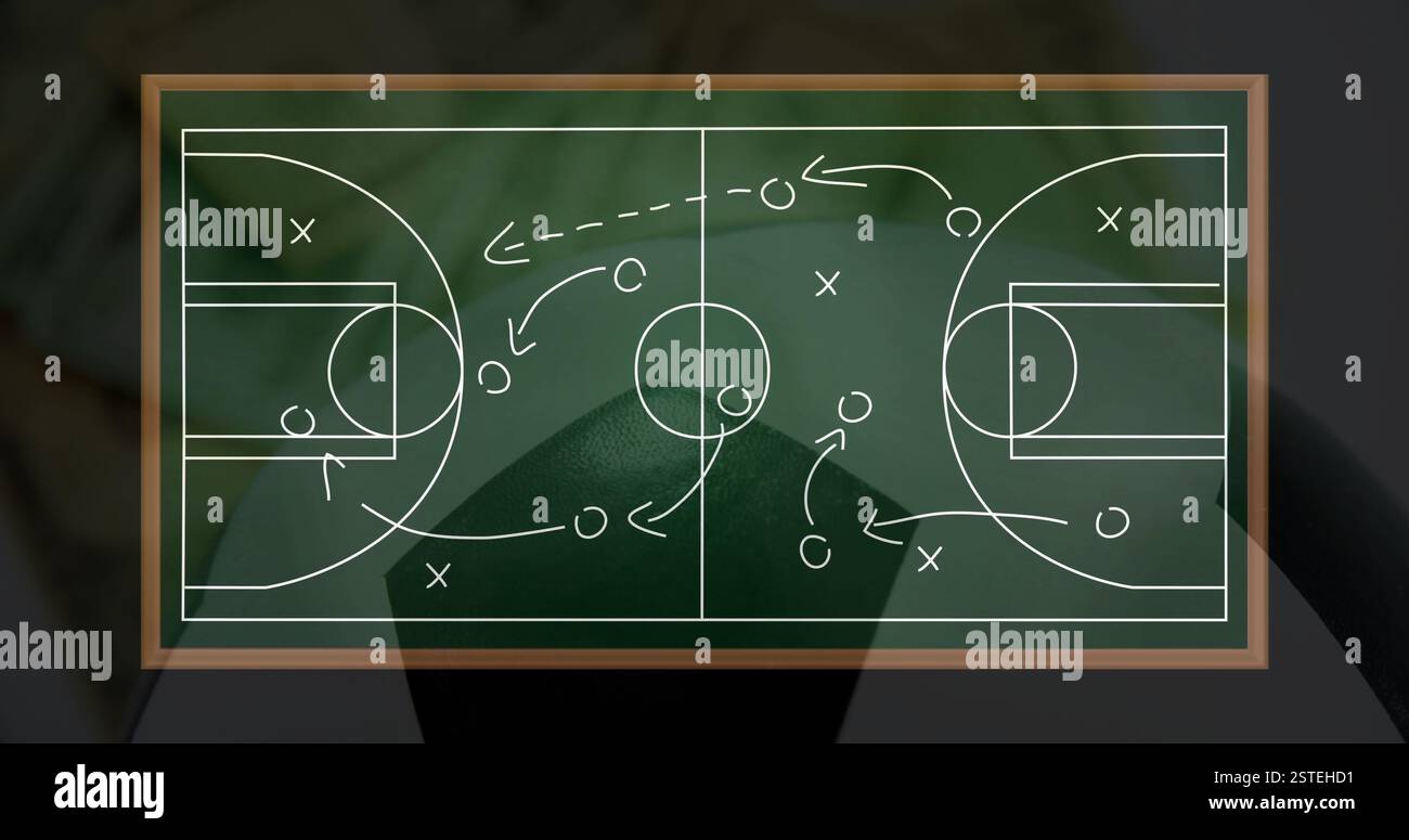 Basketball strategy image over chalkboard court diagram Stock Photo - Alamy