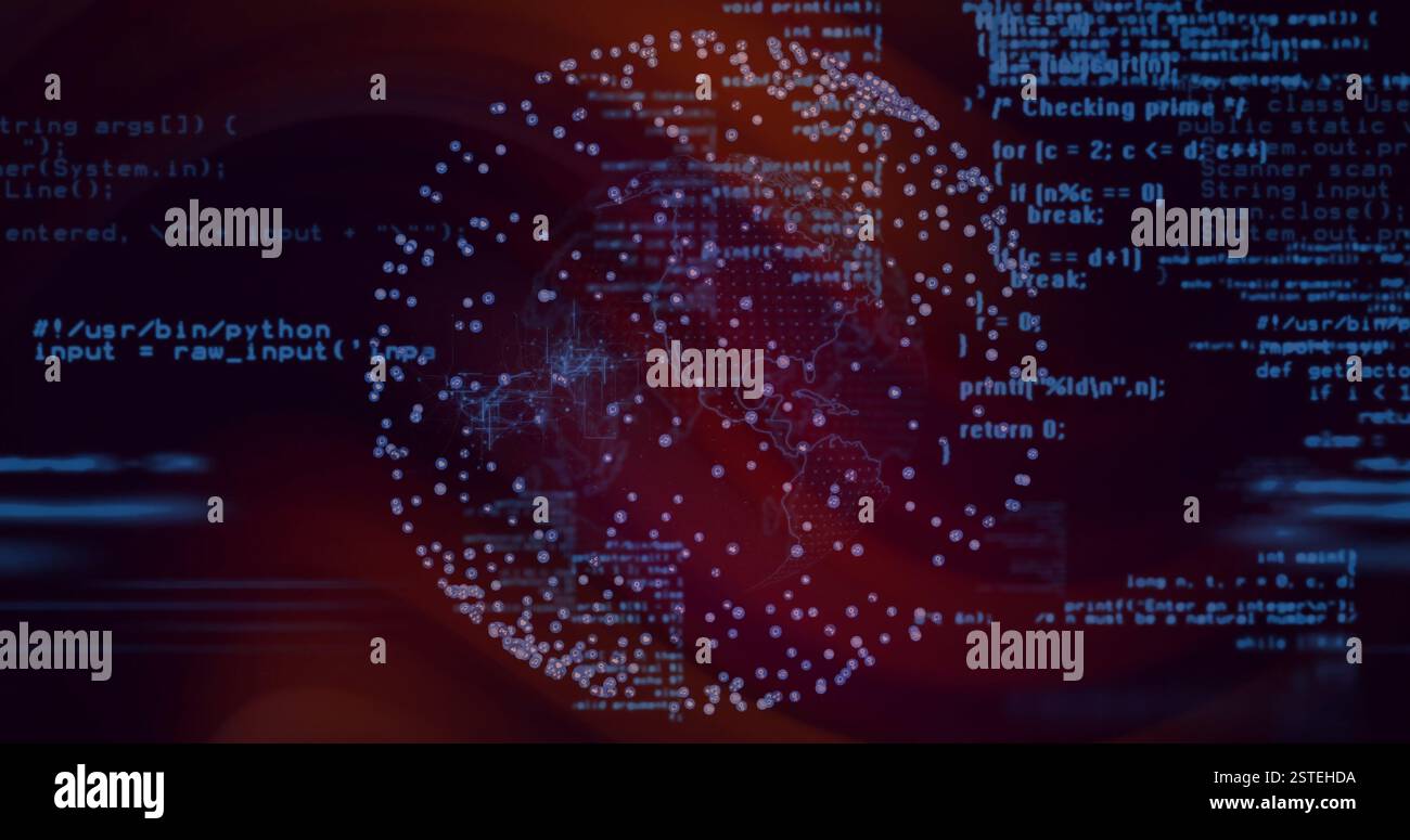 Digital globe with data points and coding image over dark red background Stock Photo - Alamy