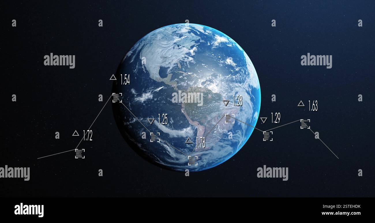 Earth rotating with data points and graphs image over space background ...
