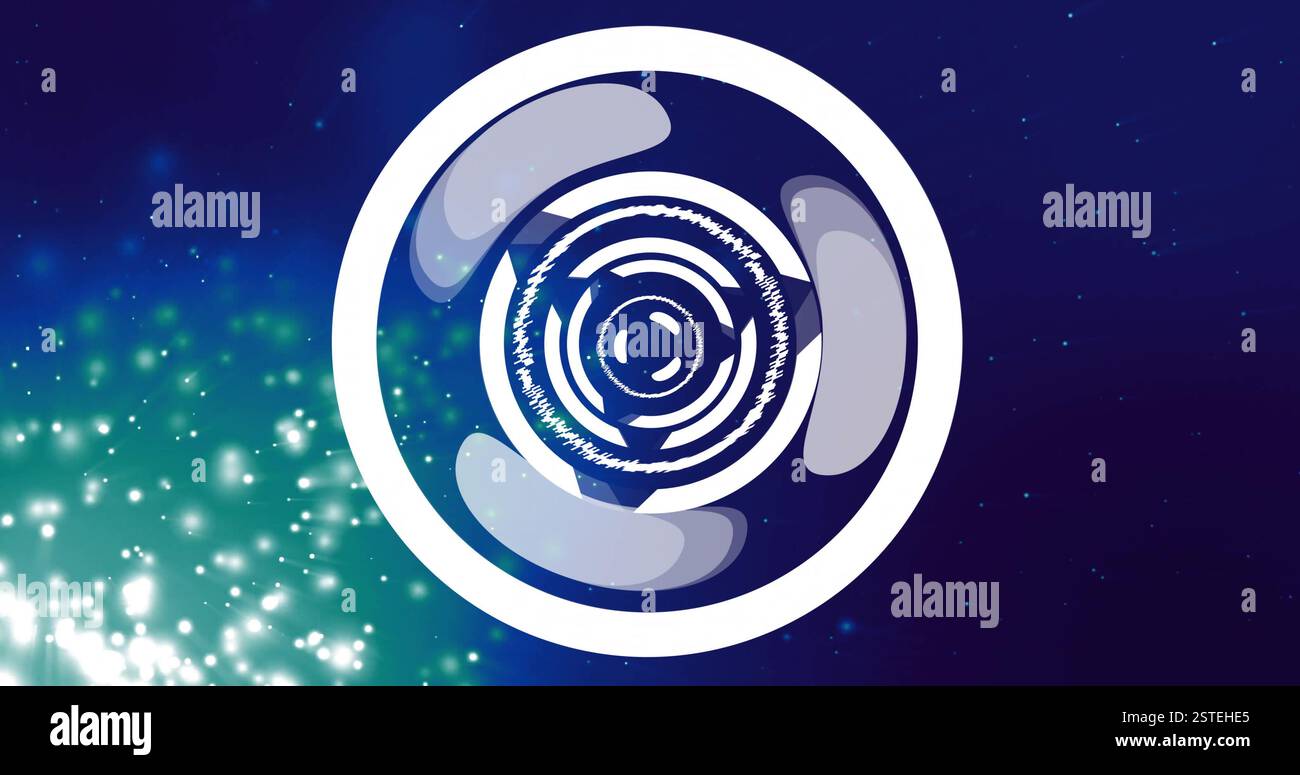 Circular abstract shapes and glowing particles image on blue background ...