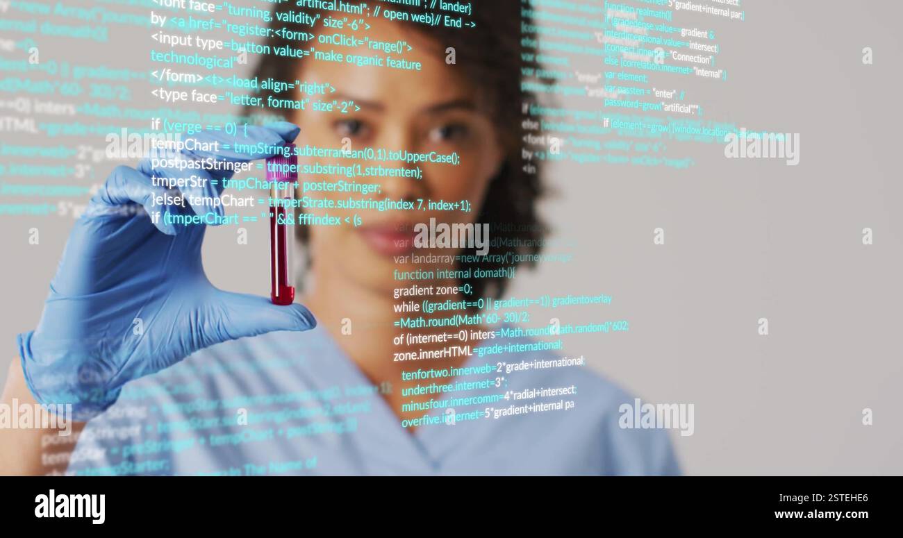 Holding test tube, scientist analyzing code image over laboratory ...