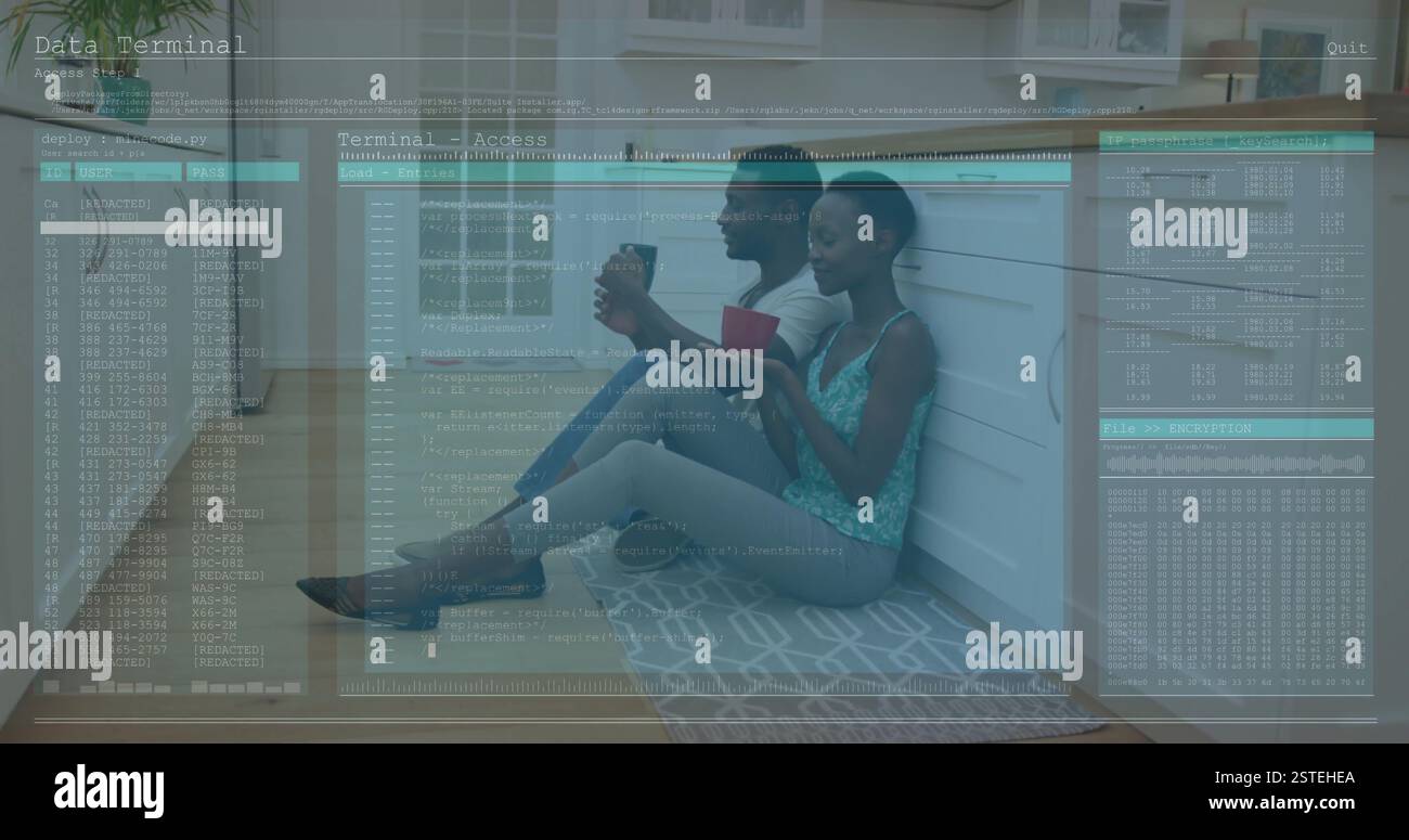 Data terminal access image over people sitting on floor using devices Stock Photo - Alamy