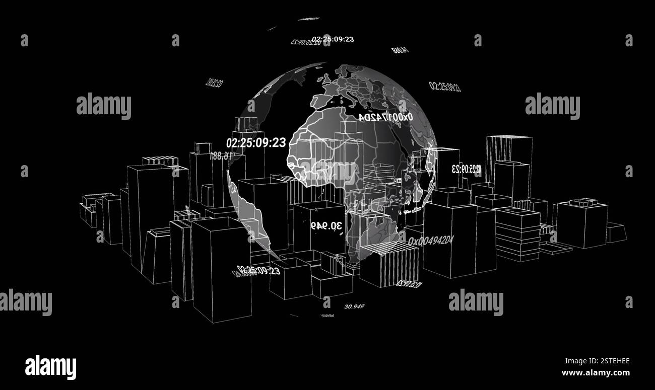 Digital world map and data codes image over wireframe cityscape Stock ...