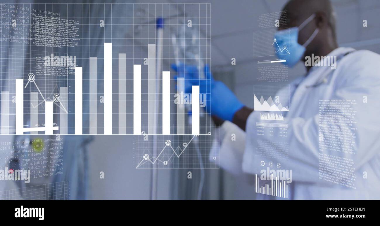 Scientist in lab analyzing data with digital graphs overlaying scene ...