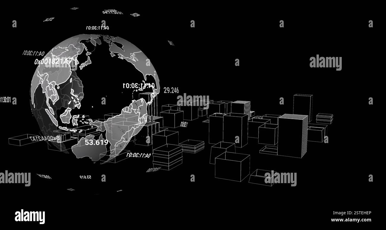 Digital world map and data codes image over wireframe cityscape Stock ...