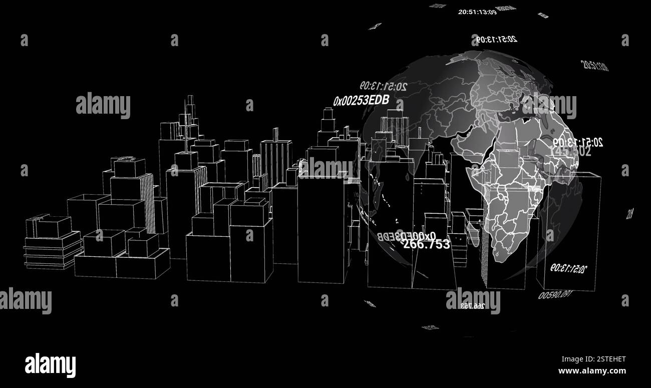 Digital world map and data codes image over wireframe cityscape Stock ...