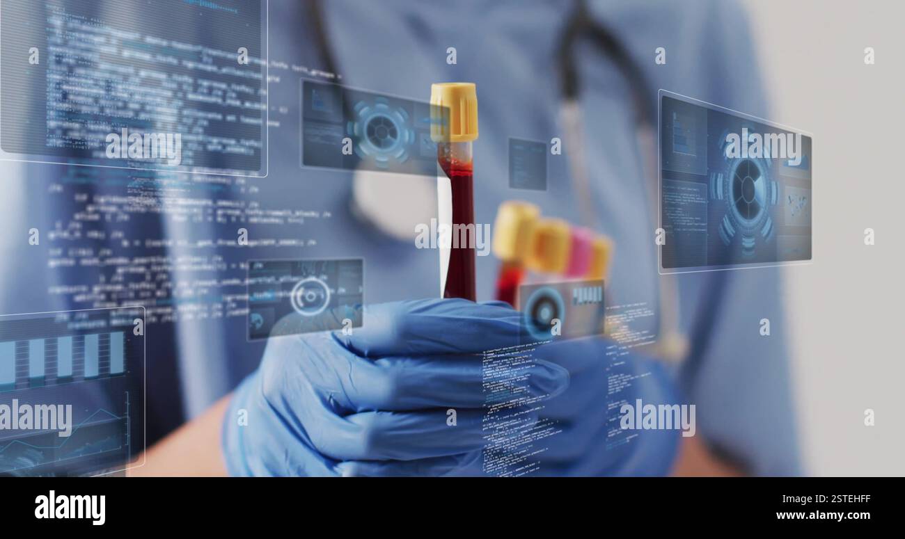 Holding blood samples, medical professional with data analysis image ...