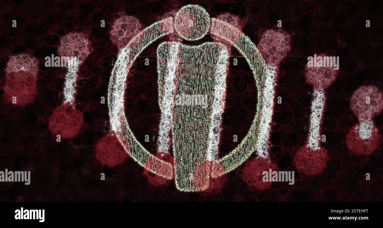 Person icon with circular border and red abstract shapes, digital image ...