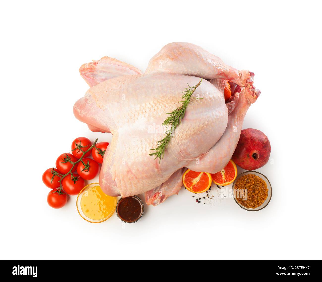 Whole raw turkey with ingredients isolated on white, top view Stock ...