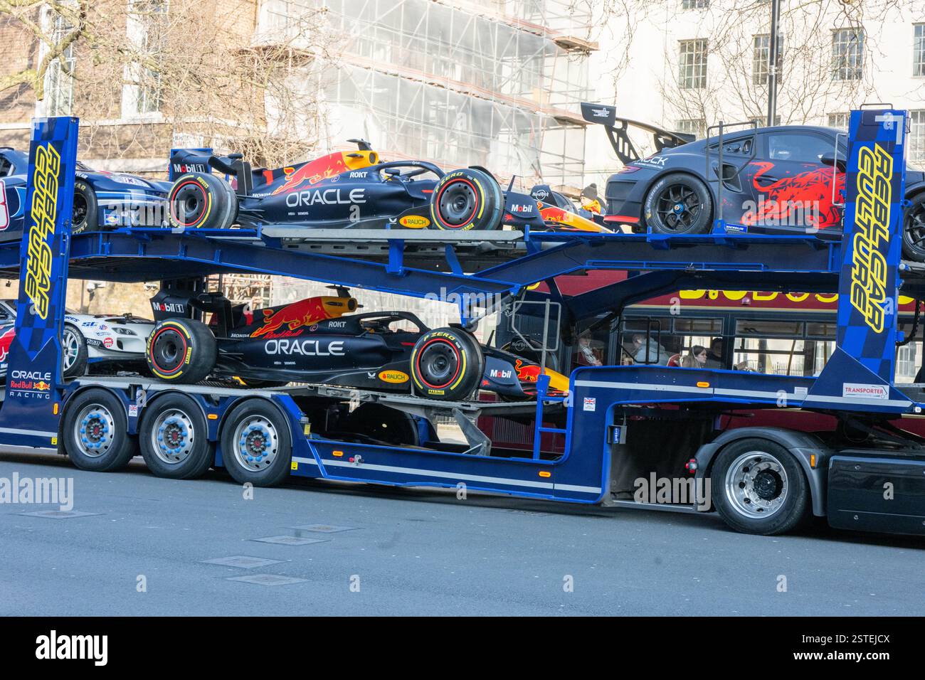 London UK 18th Feb 2025 Red Bull racing convoy in Whitehall London UK ...