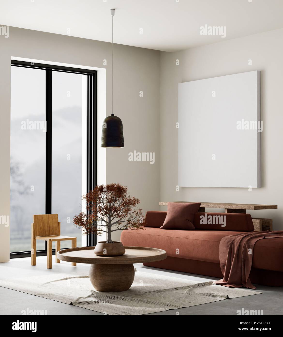 living room interior mock up with modern furnitures. Poster frame mock ...