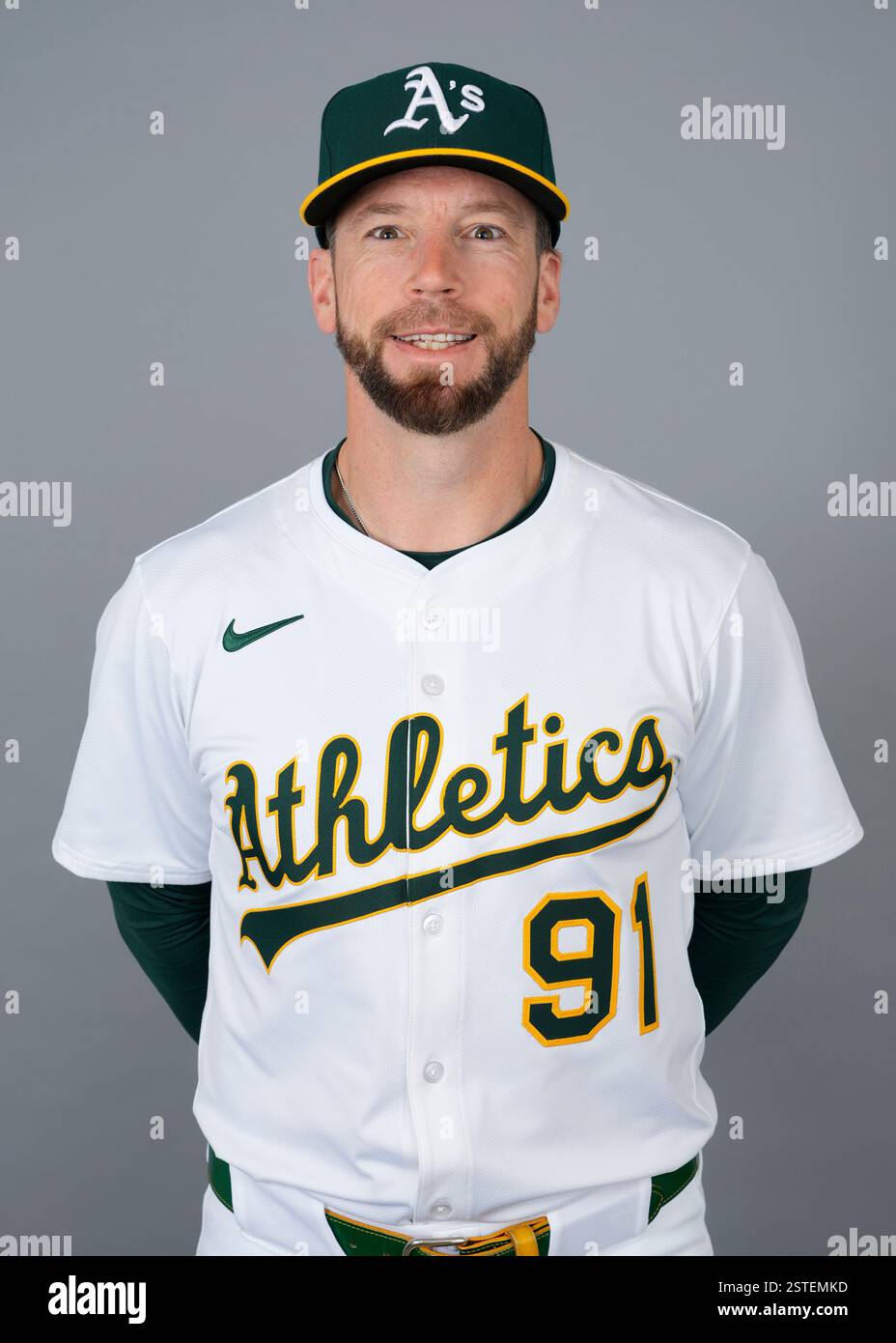 This is a 2025 photo of bullpen catcher Dustin Hughes of the Athletics ...